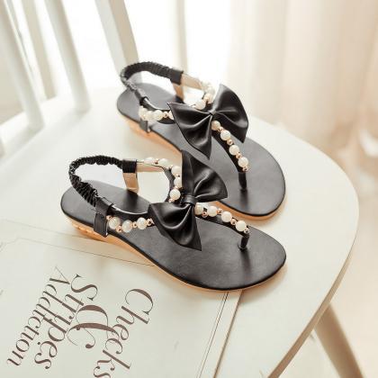 Open Toe Pearls Bow Flip-flops Flat Heel Summer Slip On Sandals Beach ...