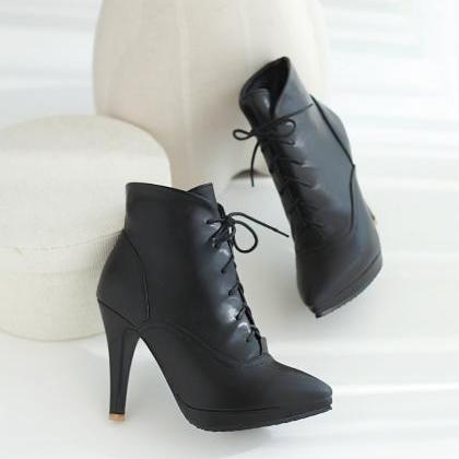 Platform Stiletto Pointed Toe Lace Up Ankle Pu Leather Mature Women ...