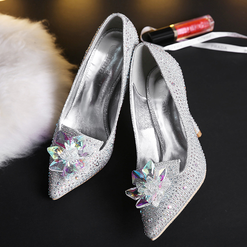 Silver Pointed Toe Slip On Crystal High Heel Women Wedding Bridal Shoes ...