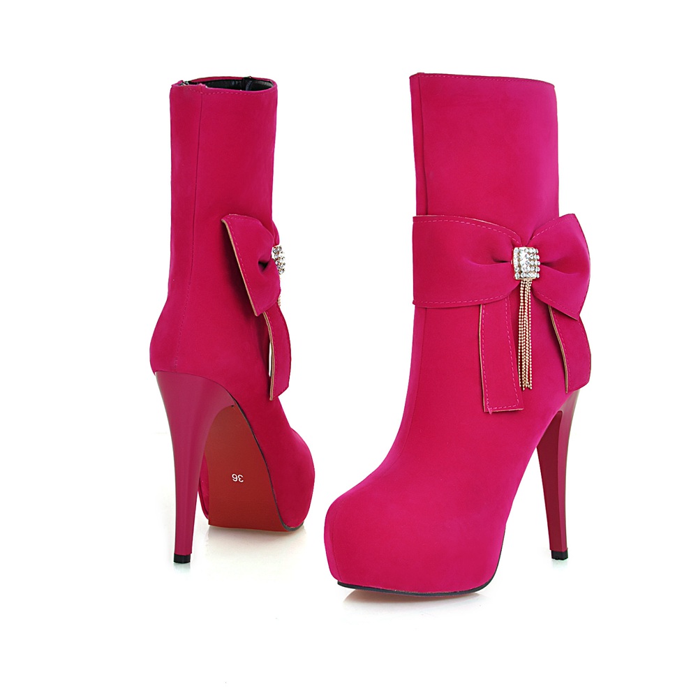 Red Bottom Stiletto Round Toe Zipper Bow Tie Crystal Mid Calf Suede ...