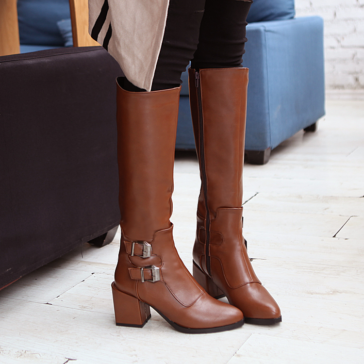 Platform Square With High Heel Round Toe Slip On Over The Knee Pu ...